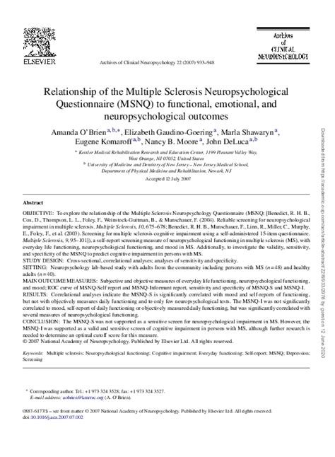 Pdf Relationship Of The Multiple Sclerosis Neuropsychological