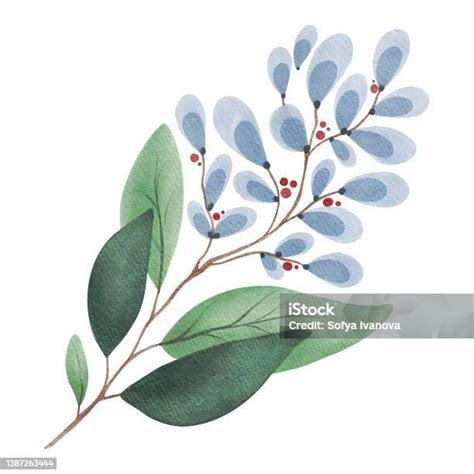 녹색 잎과 파란 새싹 그림과 함께 손으로 그리는 수채화 아름다운 식물 포스터 카드 인쇄 섬유 템플릿 직물 패턴 스티커 결혼식