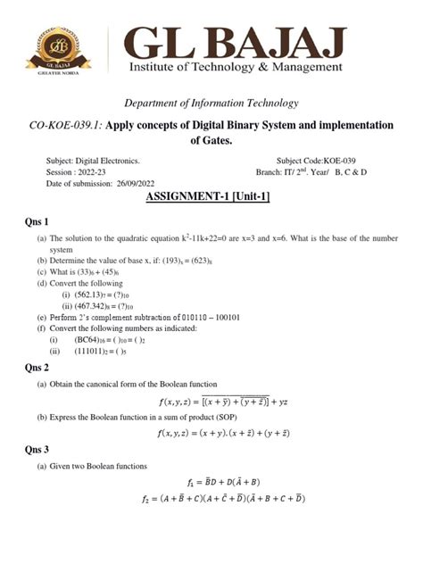 De Koe 039 Assignment 1 Pdf Boolean Algebra Teaching Mathematics