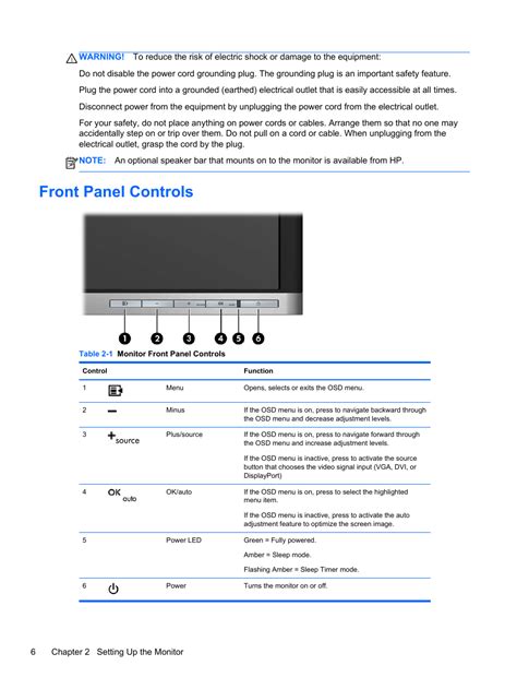 Front Panel Controls HP Compaq LA X Inch LED Backlit LCD Monitor User Manual Page