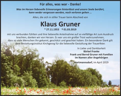 Traueranzeigen Von Klaus Gruner Trauer In Thueringen De