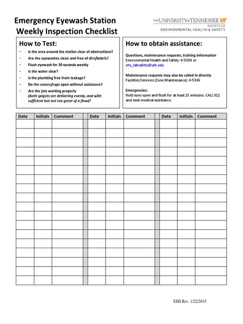 Printable Eyewash Station Checklist Printable Templates
