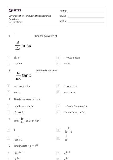 50 Second Derivatives Of Trigonometric Functions Worksheets For 11th Year On Quizizz Free