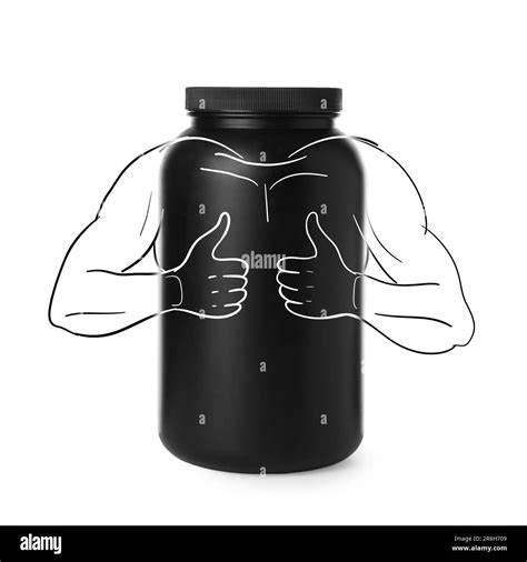 Black Jar Of Protein Powder With Illustration Of Bodybuilder Showing Thumbs Up Gesture On White
