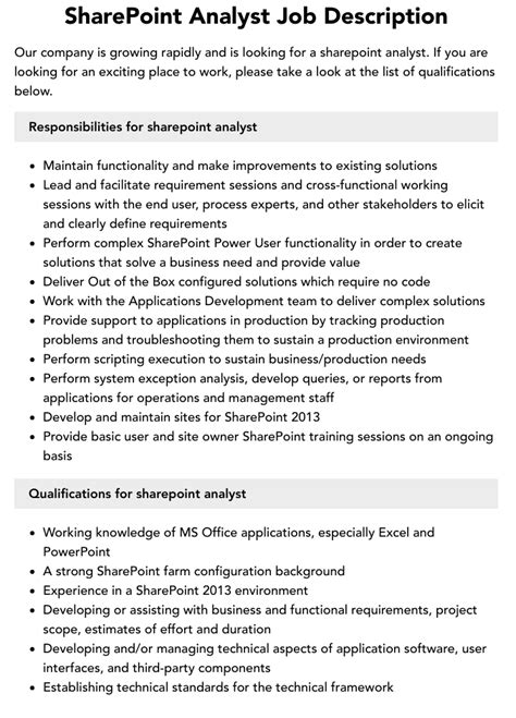 Sharepoint Analyst Job Description Velvet Jobs