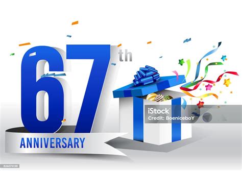 67 년 주년 배경 리본 색종이와 화이트에 선물 포스터 또는 책자 템플릿 벡터 일러스트입니다 개념에 대한 스톡 벡터 아트 및 기타 이미지 Istock