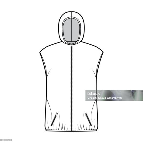 후드 다운 조끼 퍼퍼 웨이스트 코트 기술 패션 일러스트와 지퍼 업 클로저 포켓 오버사이즈 엉덩이 길이 0명에 대한 스톡 벡터 아트 및 기타 이미지 Istock