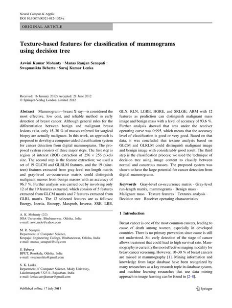 Pdf Texture Based Features For Classification Of Mammograms Using Decision Tree Dokumen Tips
