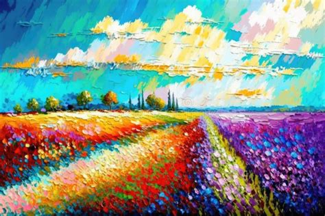 Terrain De Fleurs Impressionniste Paysage Peinture à Lhuile Couleurs De Printemps Illustration