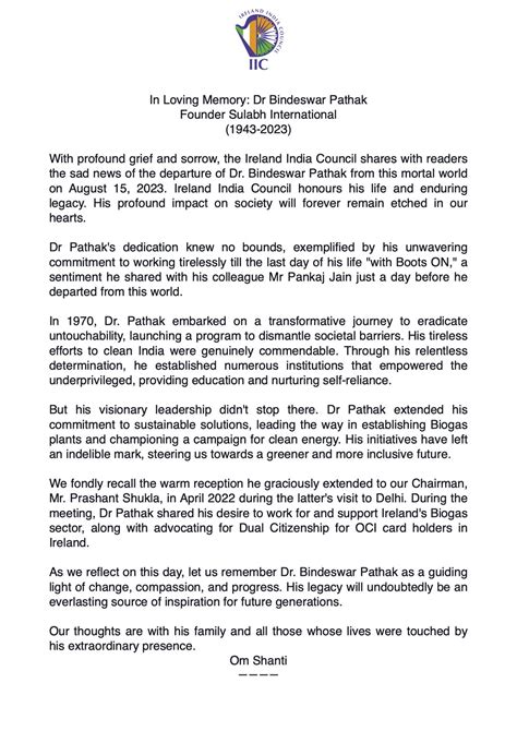 Ireland India Council Iic On Linkedin In Loving Memory Dr Bindeswar