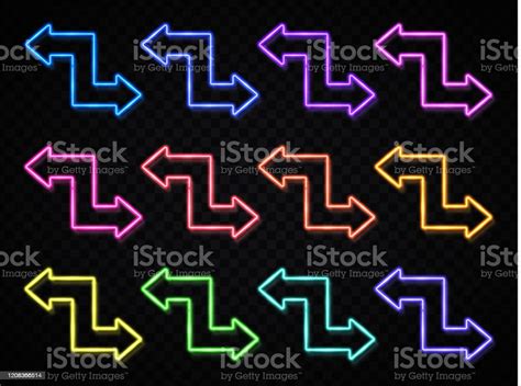 빛나는 색상 네온 라이트 화살표는 투명 한 배경에 격리 설정합니다 포인터 방향 기호입니다 복고풍 디자인 요소 빛나는 네온 빛 효과 밝은 3d 현실적인 벡터 그림 Led
