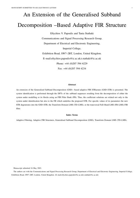 Pdf Extension Of Generalised Subband Decomposition Based Adaptive Fir Structure