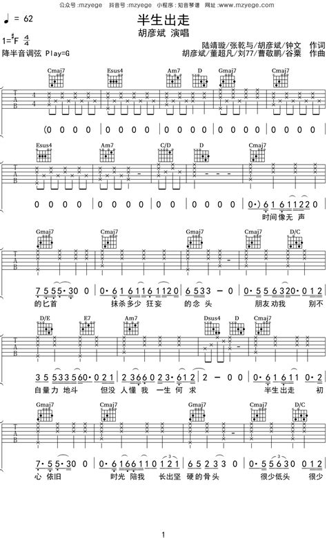 《半生出走》胡彦斌 吉他弹唱谱 知音琴谱
