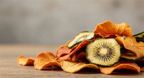 Colorful Dried Fruit And Vegetable Chips On Wooden Table Stock