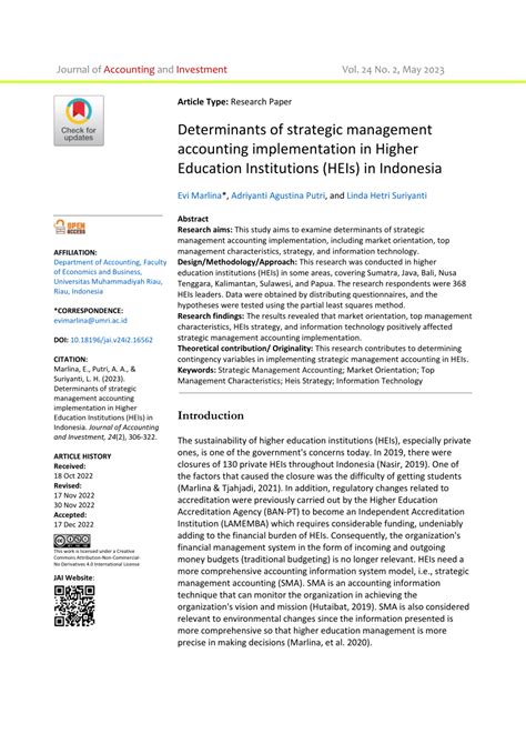 Pdf Determinants Of Strategic Management Accounting Implementation In Higher Education