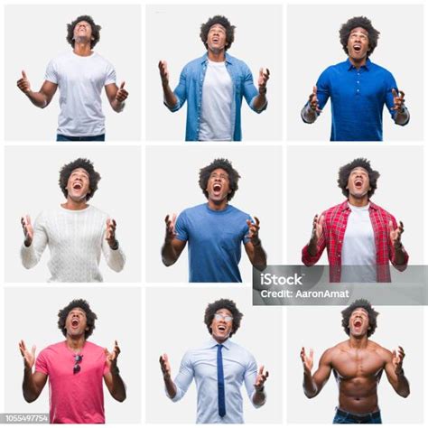 격리 된 배경 미친 미친 소리 고 적극적인 식와 팔 제기 함에 젊은 아프리카계 미국인 남자가 콜라주 좌절 개념입니다 감정에 대한 스톡 사진 및 기타 이미지 Istock