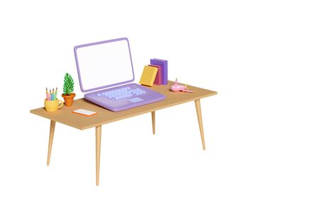 3d Desk In Office With Laptop Computer On Table Textbook Book Coffee Cup Plane Isolated 3d