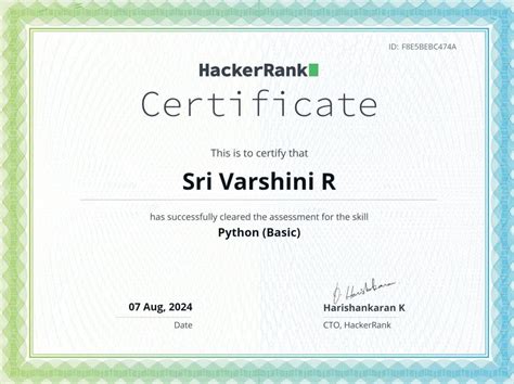 Completion Of Python Basic On Hackerrank Sri Varshini Posted On The