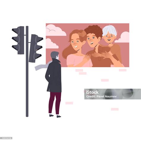 외로운 남자 캐릭터가 신호등에 서서 플래시백 벡터 일러스트레이션을 하는 외로움 감정에 대한 스톡 벡터 아트 및 기타 이미지