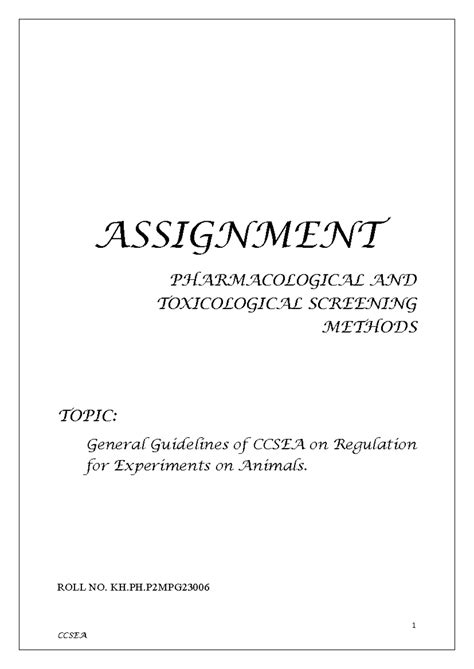 Assignment 1 Ccsea Ptsm 1 Assignment Pharmacological And Toxicological Screening Methods