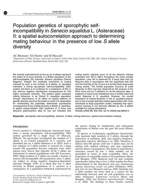Pdf Population Genetics Of Sporophytic Self Incompatibility In Senecio Squalidus L