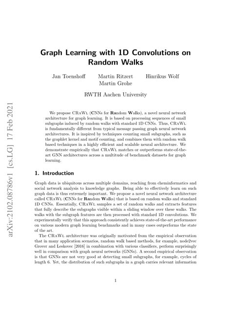 Pdf Graph Learning With 1d Convolutions On Random Walks