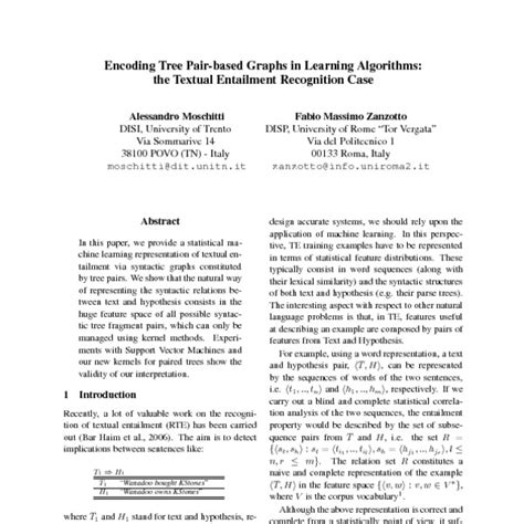 encoding tree pair based graphs in learning algorithms the textual entailment recognition case