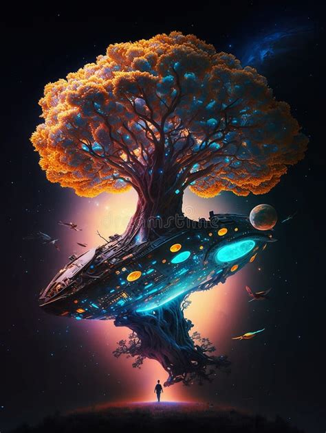 Fantastic Spaceship Tree In Space Stock Illustration Illustration Of Pink Generative 268610190