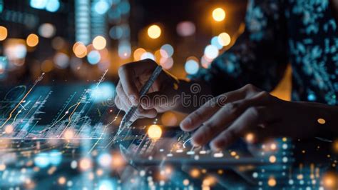 Person Interacting With A Futuristic Touchscreen Interface Analyzing Data And Graphs With A