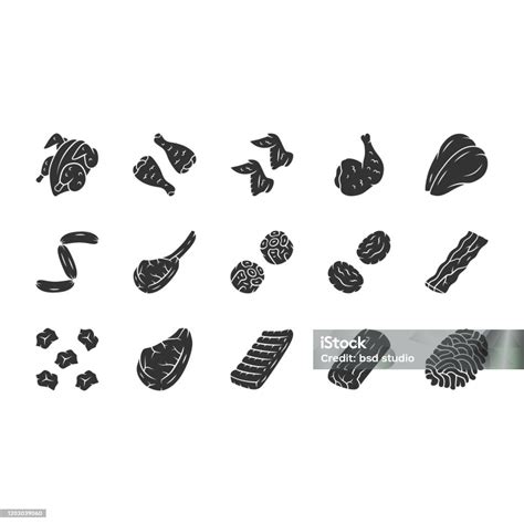 정육점 고기 문어 아이콘 세트입니다 치킨 드럼 스틱 가슴과 햄 베이컨 버거 패티 스테이크 소꼬리 도살사업 육류 생산 및 판매 실루엣 기호입니다 벡터 절연 그림 가루로 빻은에