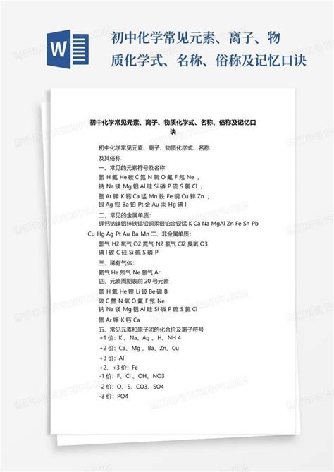 初中化学常见元素、离子、物质化学式、名称、俗称及记忆口诀word模板下载 编号qgkzbzvz 熊猫办公