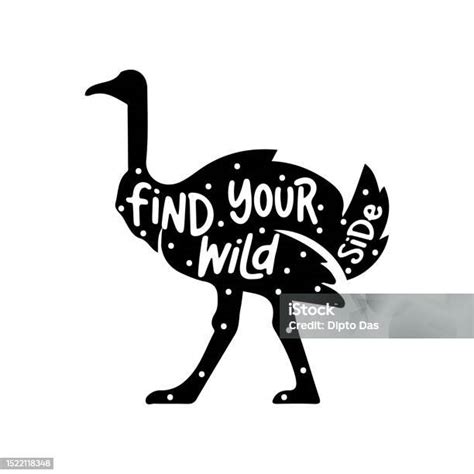 타조 실루엣 숲 산이 있는 벡터 타이포그래피 포스터 당신의 야생면을 찾으십시오 영감과 동기 부여 삽화 레터링 인용문 0명에 대한 스톡 벡터 아트 및 기타 이미지 Istock