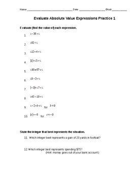 Absolute Value Expressions Practice 1 By All My Exponents TPT