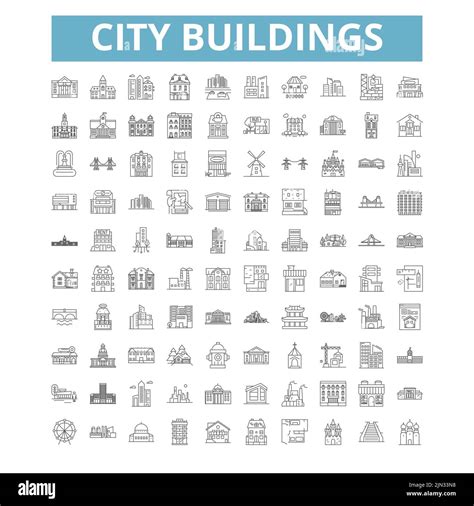 City Buildings Icons Line Symbols Web Signs Vector Set Isolated Illustration Stock Vector