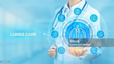 폐 관리 호흡기내과 의학 개념 호흡기 검사 및 치료 손에 들고 있는 의사 폐 아이콘과 의료 아이콘 네트워크 연결 가상 화면에서 벡터 일러스트 레이 션입니다