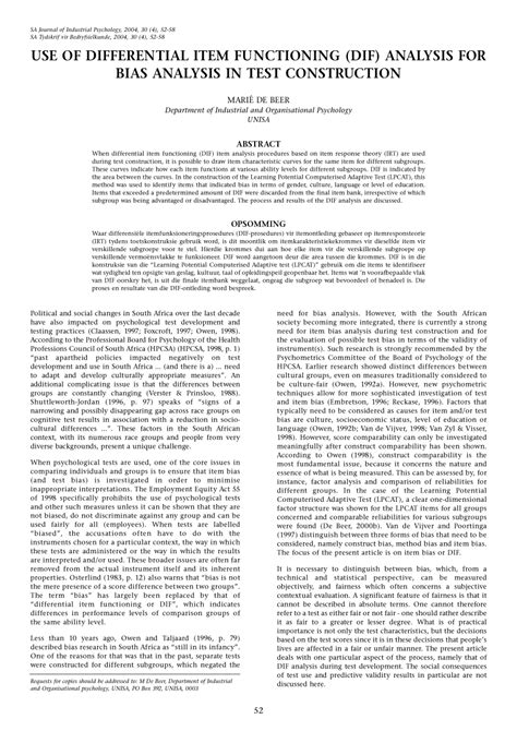 Pdf Use Of Differential Item Functioning Dif Analysis For Bias Analysis In Test Construction