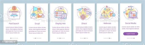 선형 개념으로 모바일 앱 페이지 화면을 온보딩하는 마케팅 채널 고객 유치 방법 연습 단계 그래픽 지침입니다 Ux Ui 그림이 있는 Gui 벡터 템플릿 마케팅에 대한 스톡