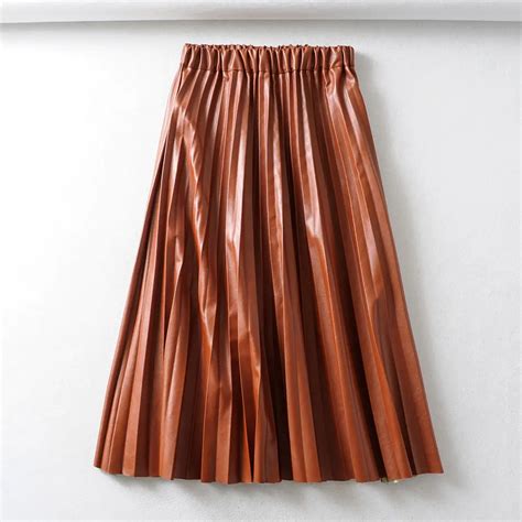 Новинка Женская винтажная однотонная плиссированная юбка миди из искусственной кожи Женская