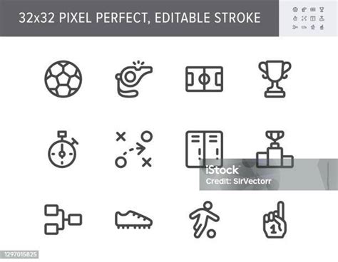 축구 스포츠 플랫 아이콘 최소한의 아이콘벡터 일러스트 축구 스코어보드 스톱워치 심판 필드 심판 휘파람 챔피언십 스코어 팬 손가락 간단한 그림 32x32 픽셀 완벽한 아이콘에