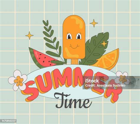 과일과 열대 잎 만화 아이스크림 복고풍 파란색 배경에 텍스트가 있는 그루비 여름 레이블 1960 1969 년에 대한 스톡 벡터 아트 및 기타 이미지 1960 1969 년