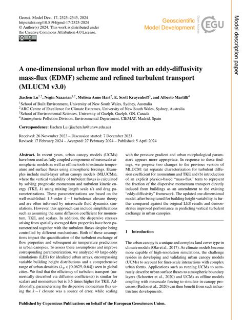 Pdf A One Dimensional Urban Flow Model With An Eddy Diffusivity Mass Flux Edmf Scheme And