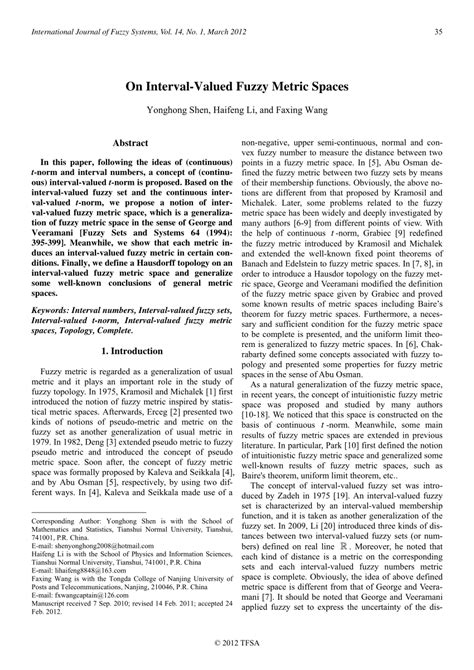 Pdf On Interval Valued Fuzzy Metric Spaces