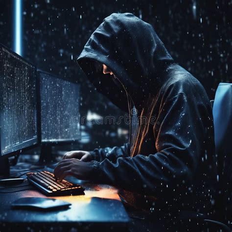 Hacker In Hoodie And Mask With Laptop On Background Hacker In Hoodie