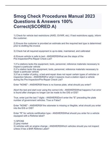 Smog Check Reference Guide 2023 Questions And Answers 100 Correct Rated A Package Deal Exam