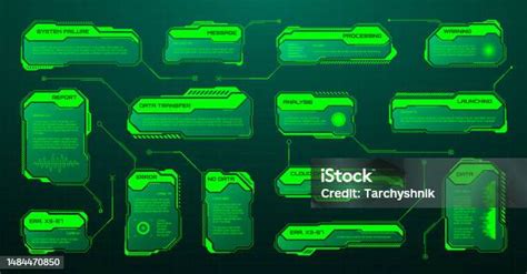 녹색 미래 지향적 Hud Ui 요소 공상 과학 사용자 인터페이스 텍스트 상자 설명선 경고 메시지 프레임 정보 상자 템플릿입니다 디지털 스타일의 현대적인 게임 인터페이스 레이