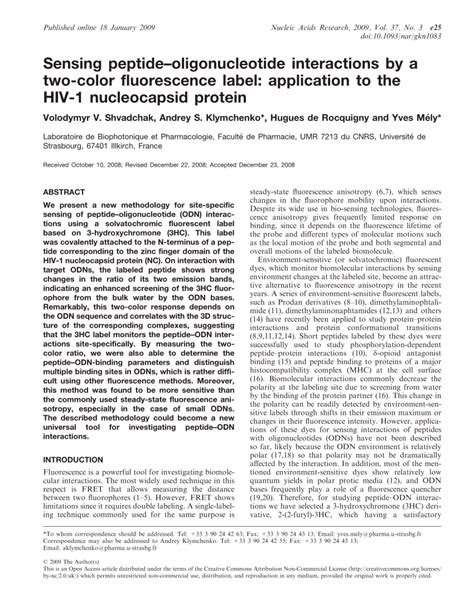 Pdf Sensing Peptide Oligonucleotide Interactions By A Two Color Fluorescence Label