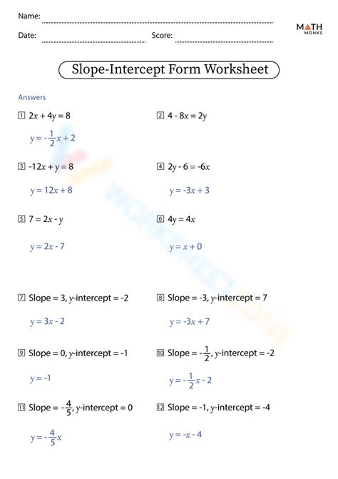 Free Answer Key Slope Intercept Form Worksheet Collection