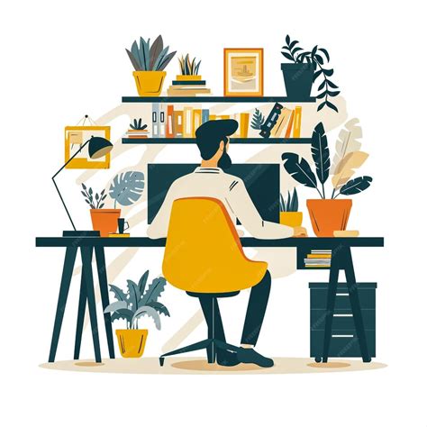 Premium Photo Man Sitting At Computer Working Minimalist Vector Illustration