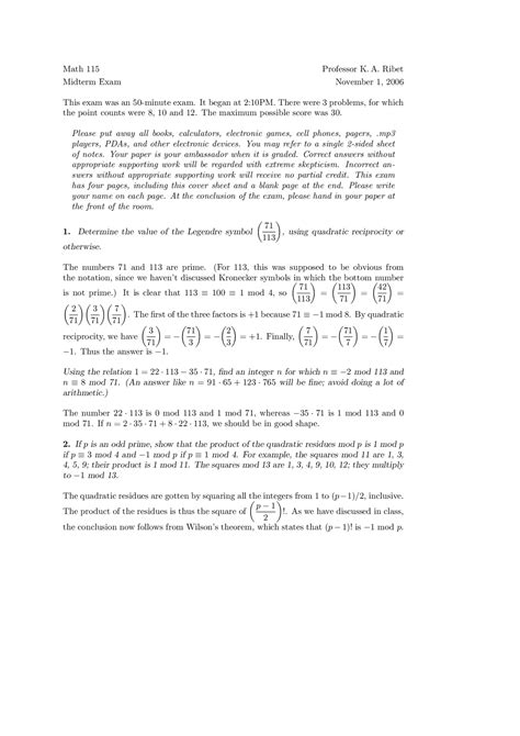 Practice Midterm Exam Introduction To Number Theory Math 115 Docsity