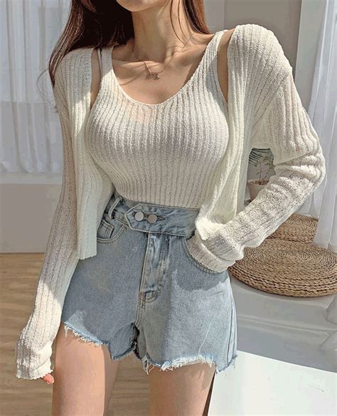 쿨 브이넥 그물 나시 가디건 Set